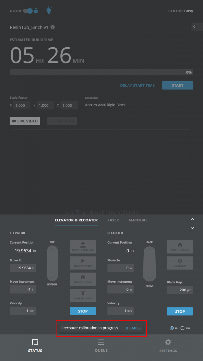 SLA 750 Calibrating the recoating blade